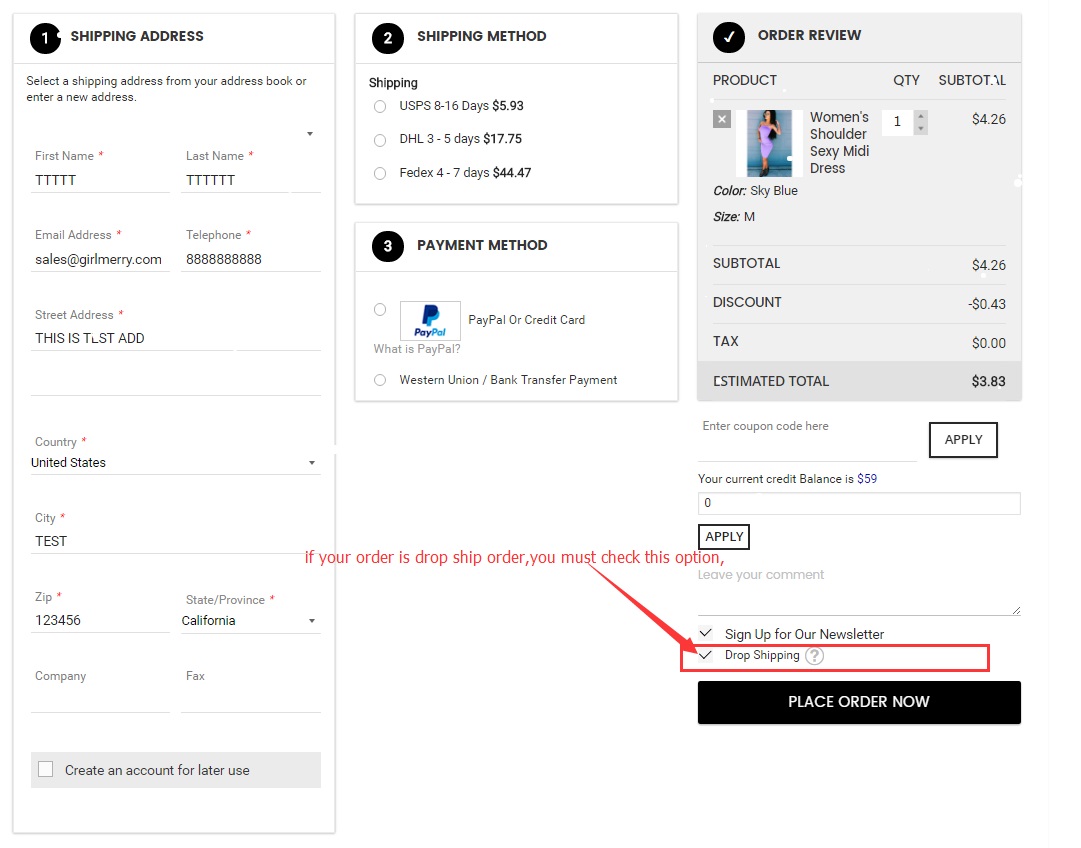 How to place a drop ship order?